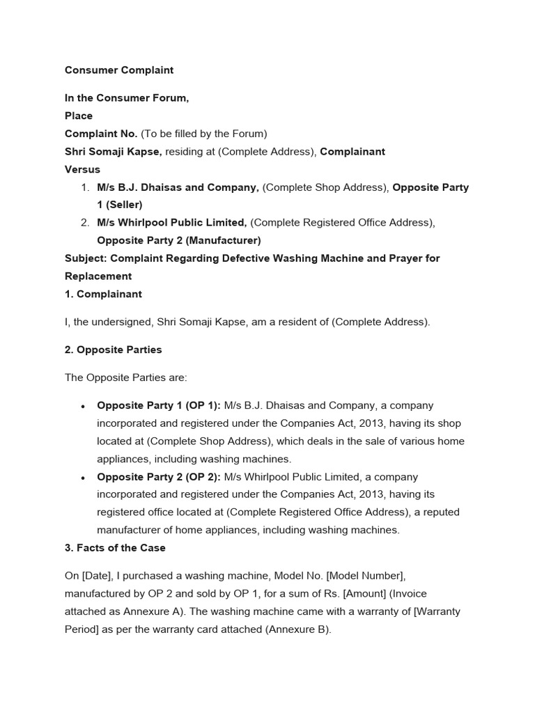 Consumer Complaint Prob 1 | PDF | Washing Machine | Home Appliance
