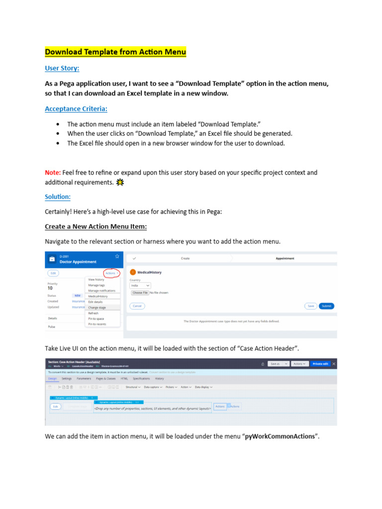 In Pega Case Level Download Template From Action Menu | PDF