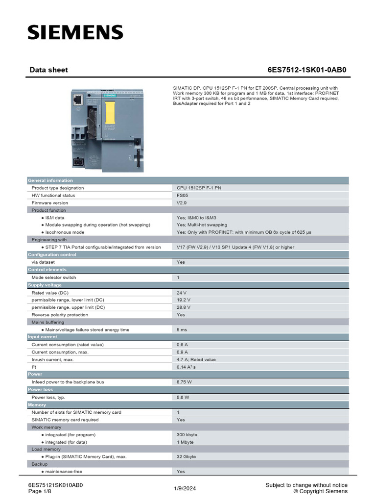 6ES75121SK010AB0 Datasheet en | PDF | Computing | Computer Science