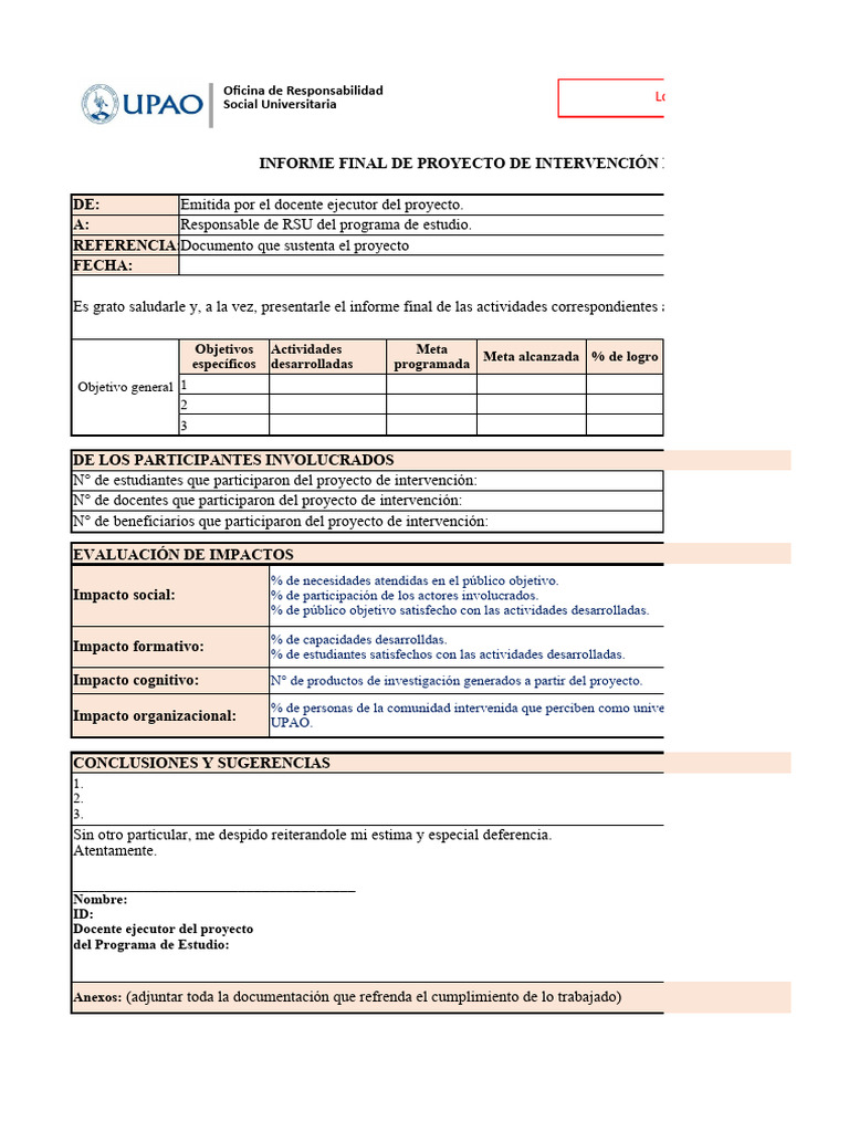 1 Formato de Informe Final de Proyecto de Intervención RSU | PDF