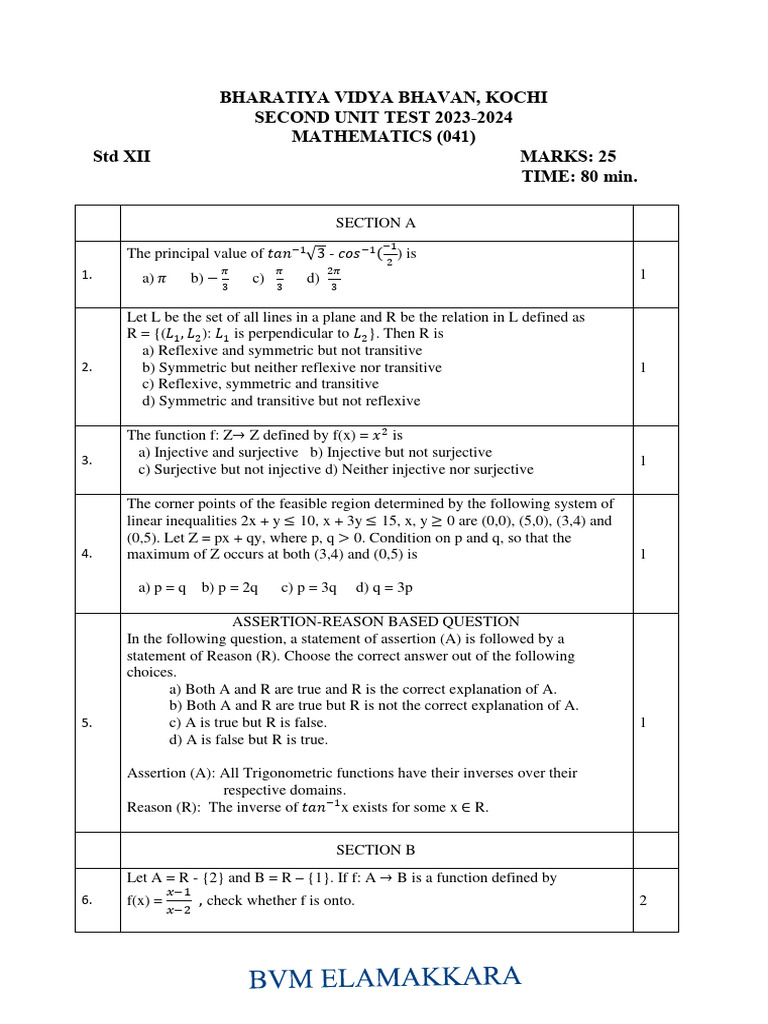 Xii Second Unit Test Maths Pdf Function Mathematics Mathematics 9823