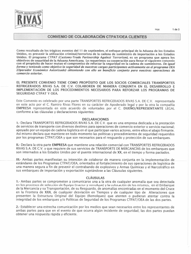 Convenio de Colaboración CTPAT Clientes EXPO-IMPO (EBI Logistics) PDF | PDF