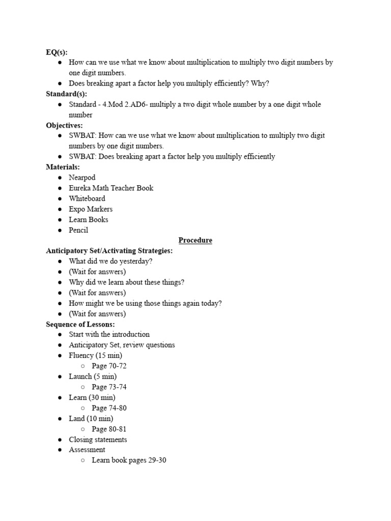 4h 10 18 math lesson plan | PDF | Multiplication | Cognitive Science
