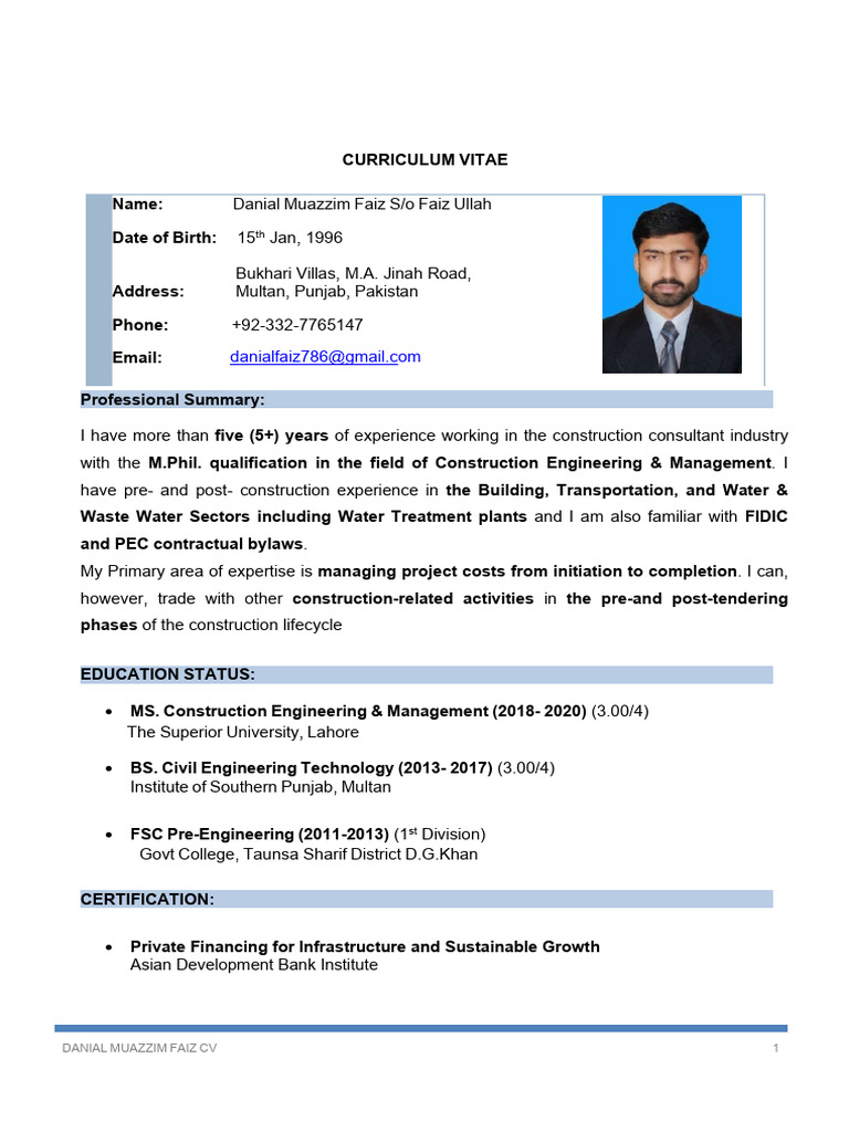 Danial Faiz-CV - Mphi CM-Civil Engineer-CV | PDF | Economies