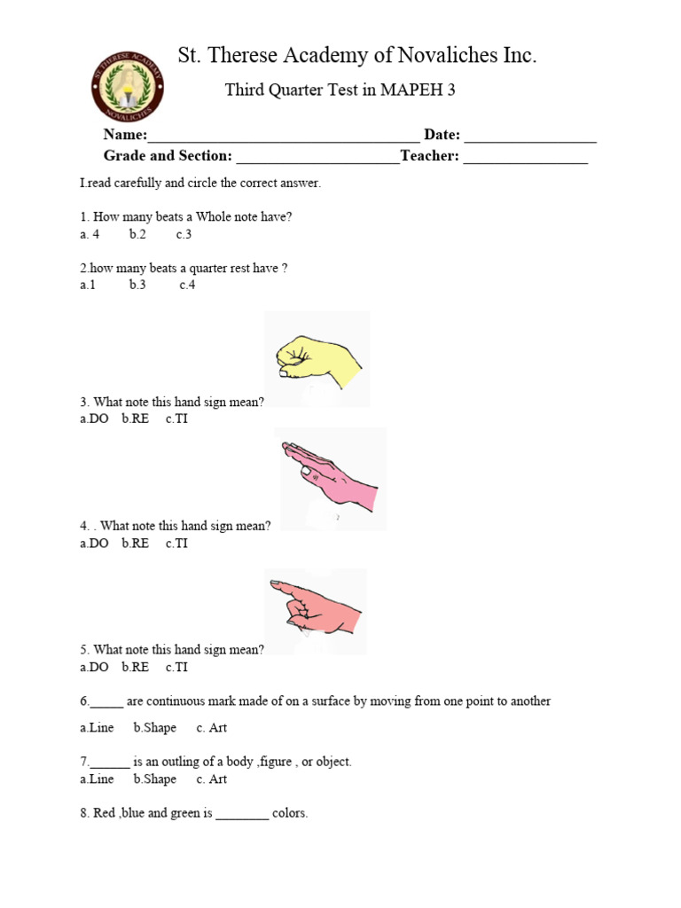 MAPEH 3 Third Quarter Test Questions | PDF