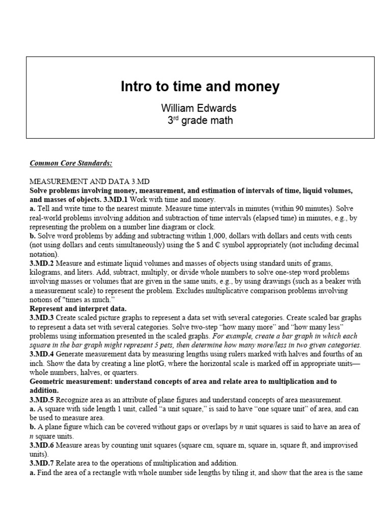 3rd Grade Math, Time and Money Lesson Plan | Download Free PDF | Area ...