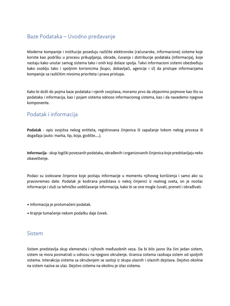 Baze Podataka - Predavanje 01 | PDF