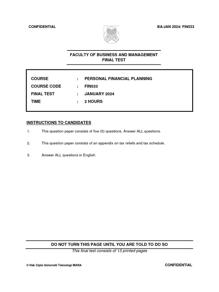 Final Test Fin533 January 2024 | PDF | Academic Degree