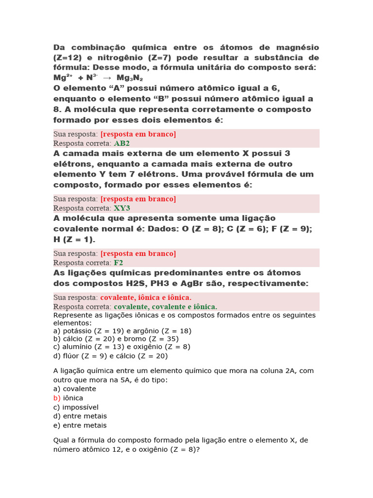 Exercícios Ligações Quimicas | PDF | Ligação química | Moléculas