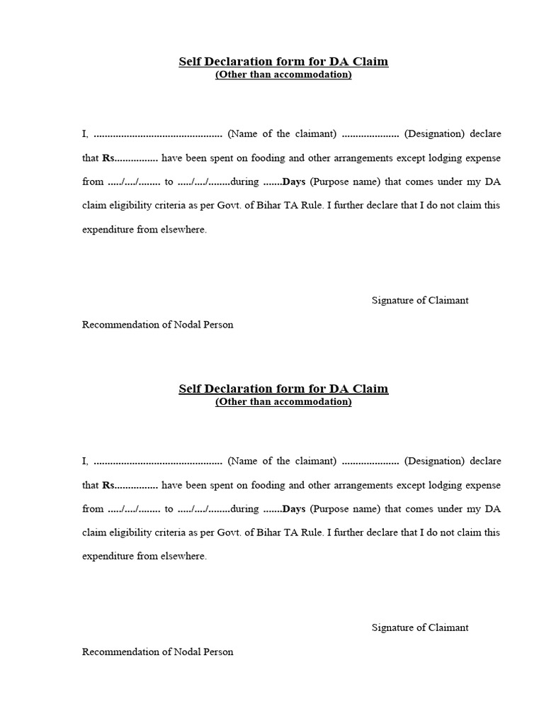 Self Declaration For DA Claim Other Than Accommodation | PDF