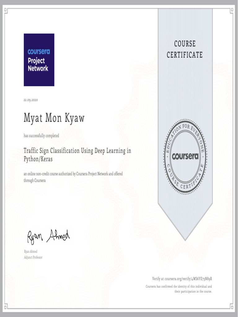 Certificate For Traffic Sign Classification Using Deep Learning in Python | PDF