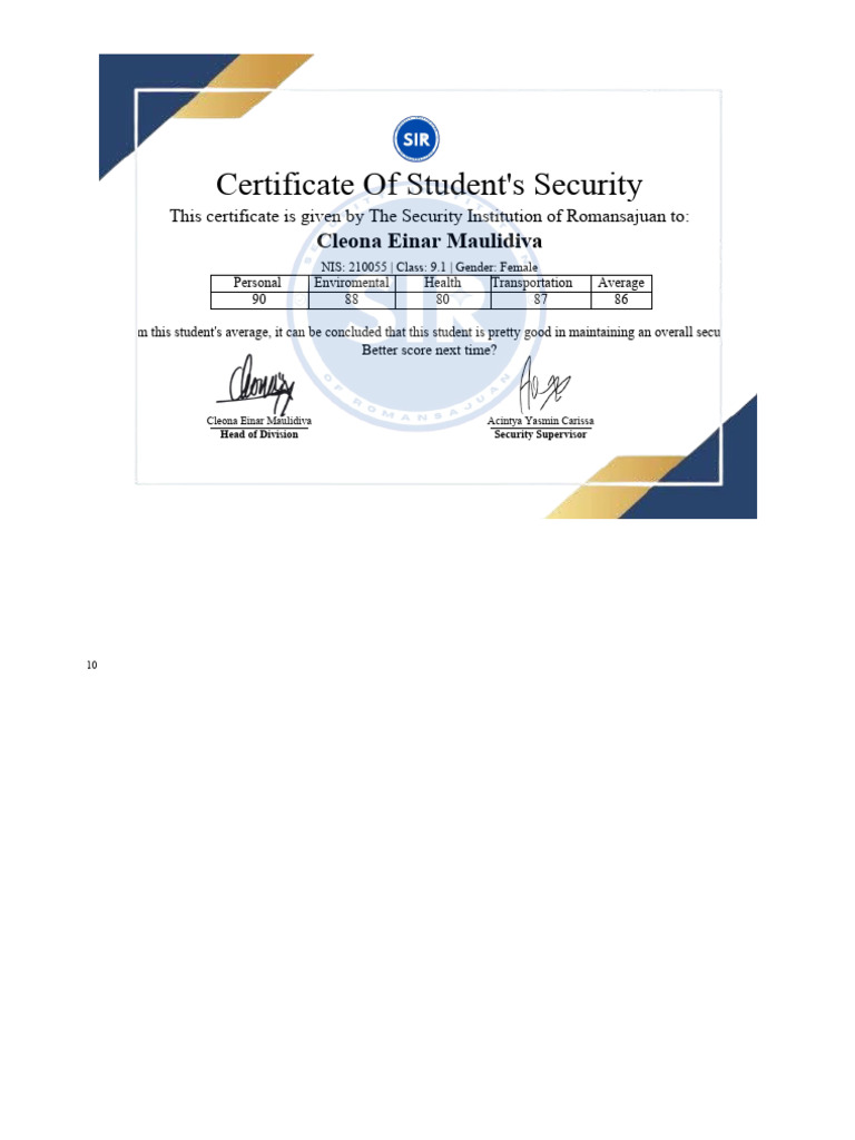 Student Security Performance Certificate | PDF