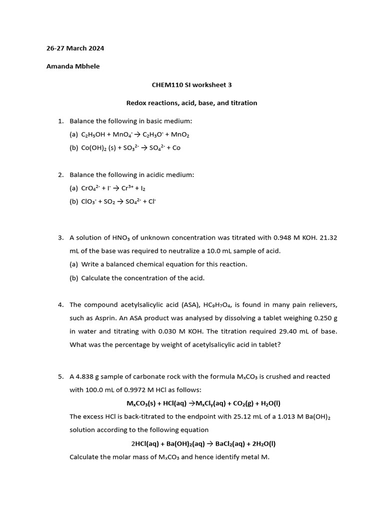 CHEM110 SI Worksheet 3 | PDF