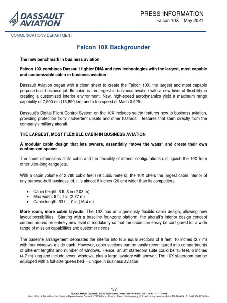 Falcon 10X Backgrounder - May2021 | PDF | Aviation | Aircraft