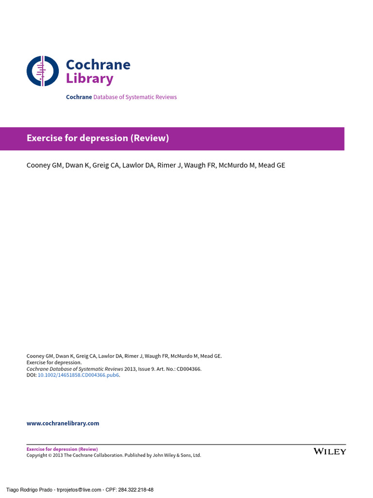 Exercise For Depression (Review) | PDF | Major Depressive Disorder ...