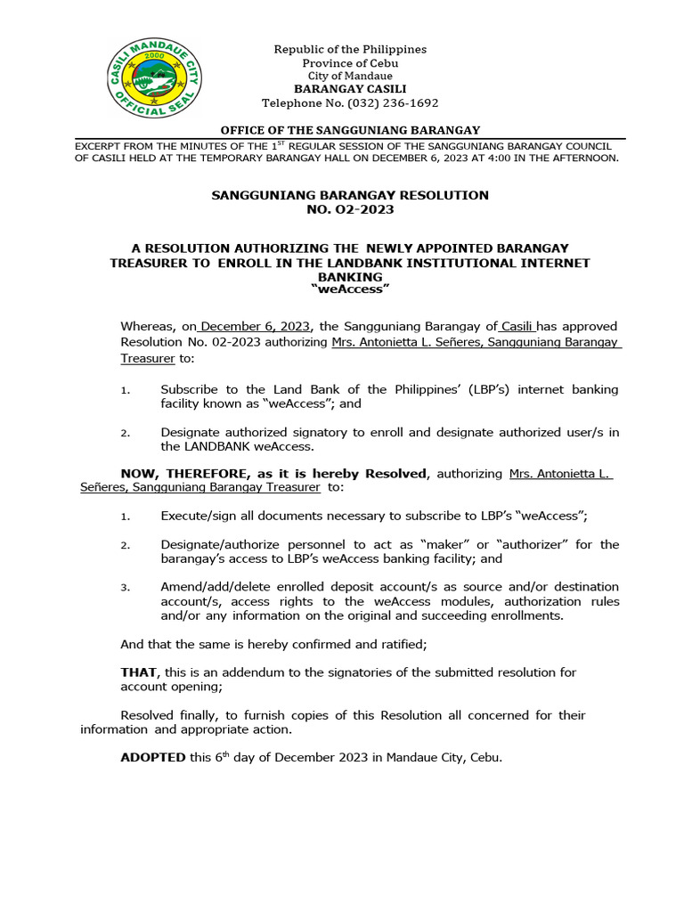 SAmple Brgy Resolution We Access | PDF