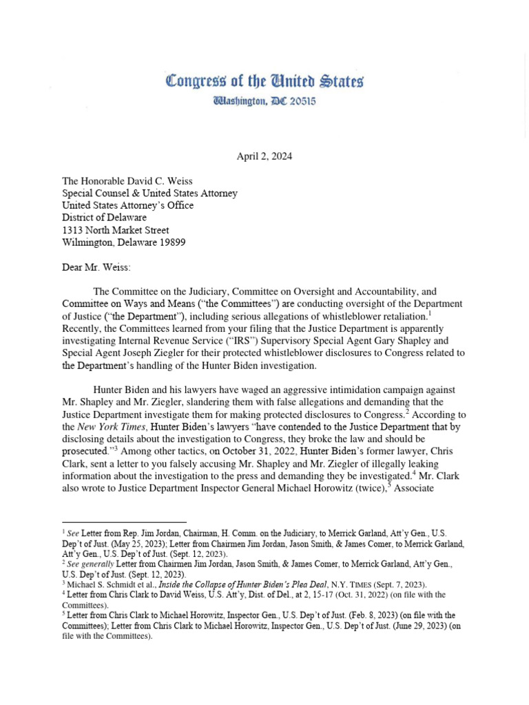 House GOP Letter To Special Counsel David Weiss | PDF | Merrick Garland ...