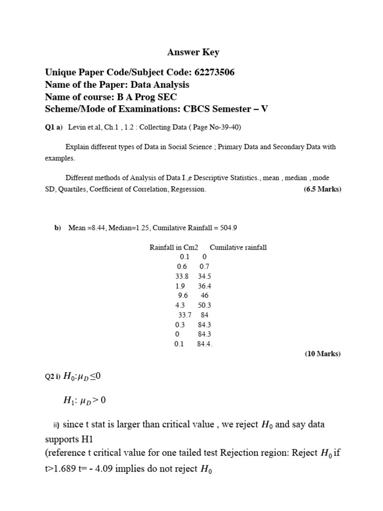 Answer Key B A Prog (SEC) SET-1 Question Paper-SEC Data Analysis BY DR ...