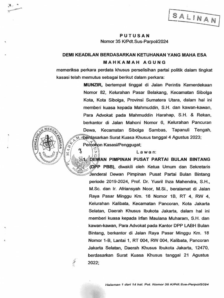 Putusan Kasasi Munzir VS DPP Dan DPC PBB Sibolga | PDF