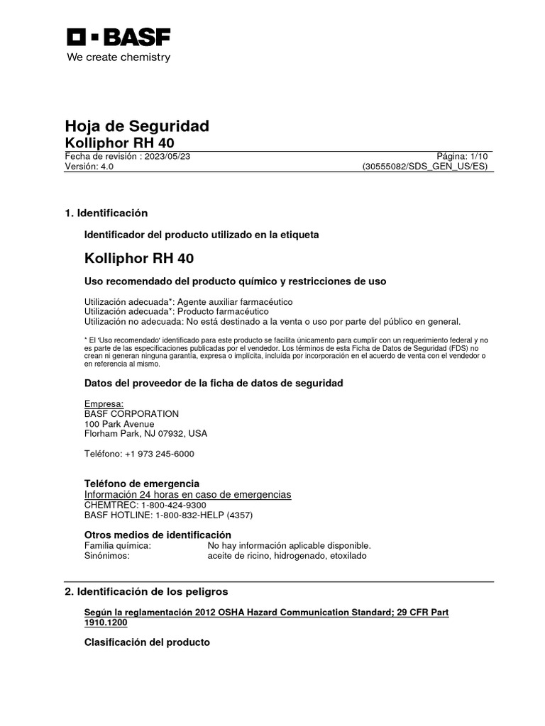 Hoja de Seguridad Kolliphor RH 40 | PDF | Agua | Toxicidad