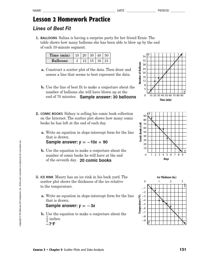 Chapter 9, Lesson 2 Lines of Best Fit WS Answers | PDF