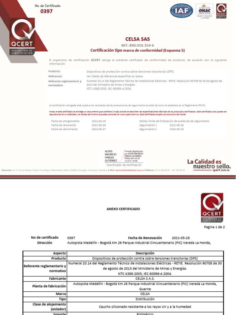 CERTIFICADO DPS ACT 0397 | PDF | Electricidad | Ingenieria Eléctrica