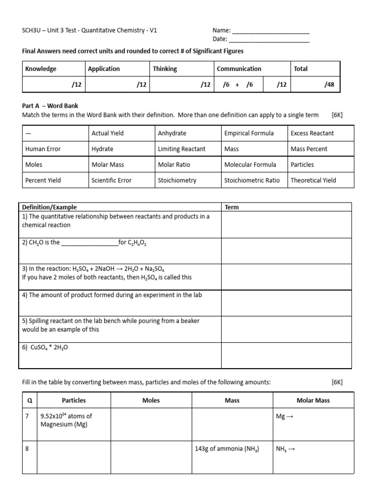 SCH3U Unit 3 Test 2022 - V1 | PDF | Stoichiometry | Mole (Unit)