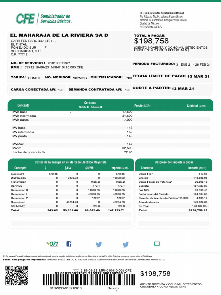 Factura CFE: Detalles y Total a Pagar | PDF | Energia electrica | Poder ...