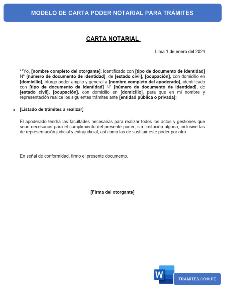 Modelo de Carta Poder Notarial para Tramites | PDF