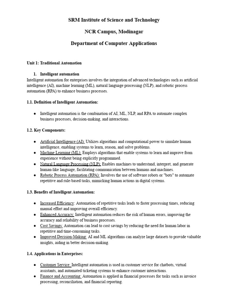 Unit 1 Intelligent Automation Pdf Automation Artificial Intelligence