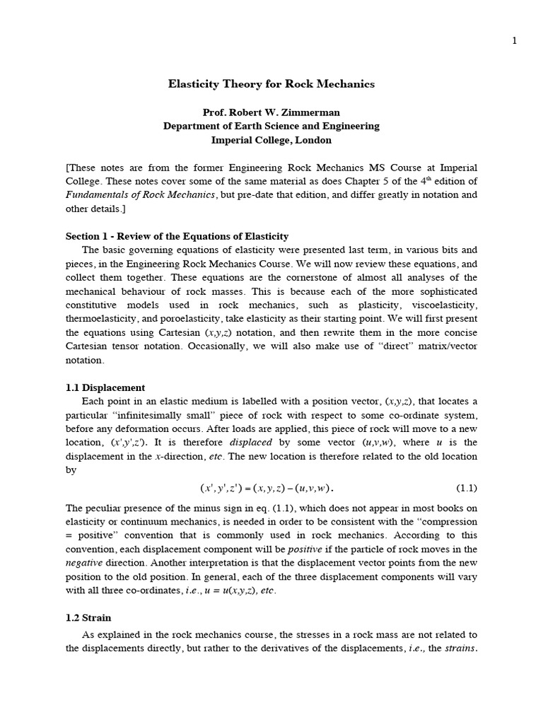 Elasticity Theory for Rock Mechanics - Zimmerman | PDF | Stress (Mechanics) | Elasticity (Physics)