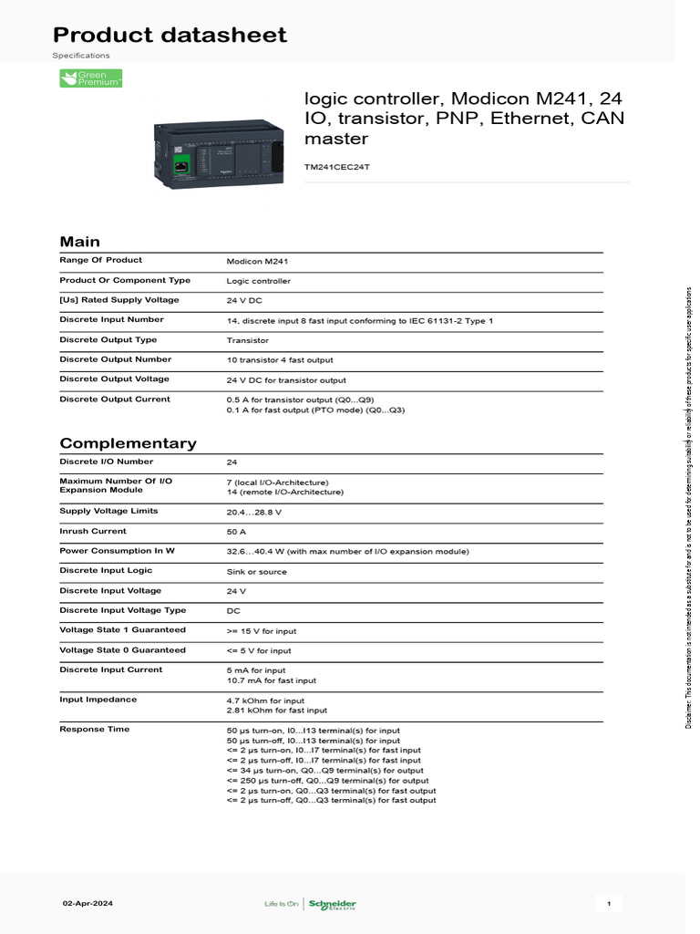 Schneider Electric - Logic-Controller-Modicon-M241 - TM241CEC24T | PDF | Logic Gate | Transistor