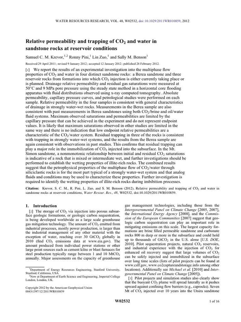 Water Resources Research - 2012 - Krevor - Relative Permeability and Trapping of CO2 and Water ...