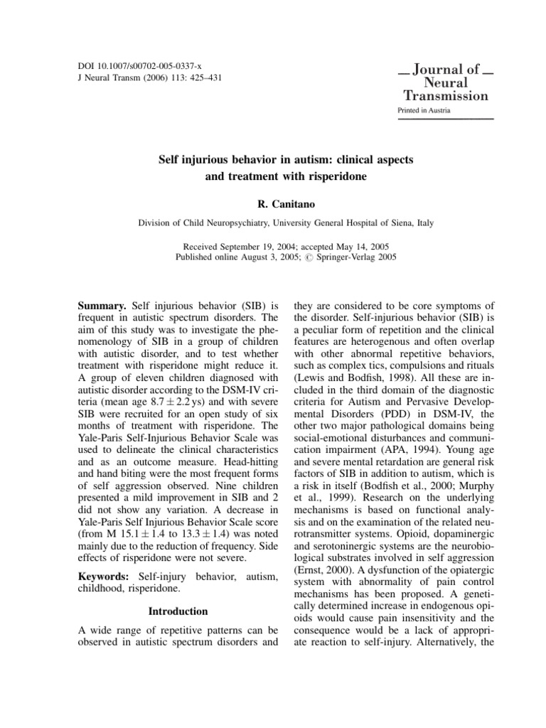 Self Injurious Behavior in Autism-Clinical Aspects and Trea | PDF ...