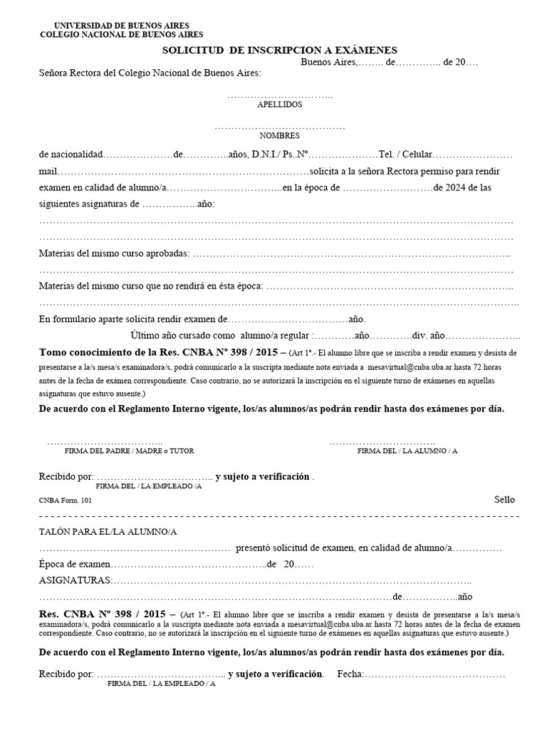 Formulario Vigente 2024 Ndeg 101 Inscripcion A Examenes | PDF