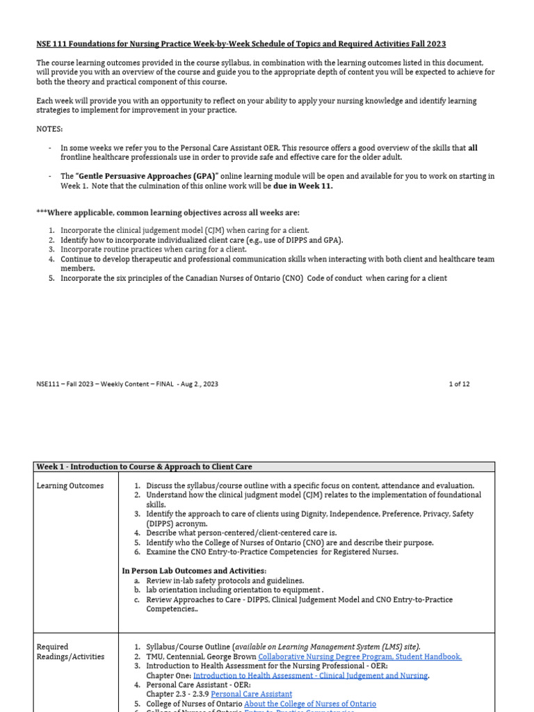 NSE 111 Weekly Content Outline - FINAL Aug 2 | PDF | Nursing | Urinary ...