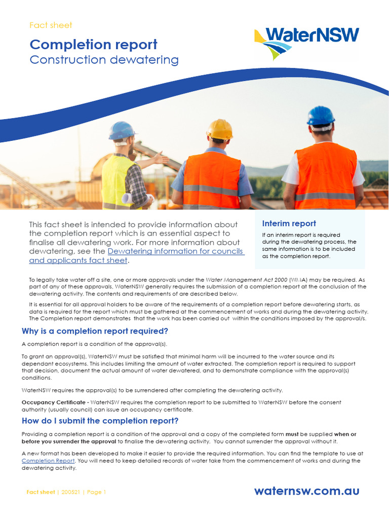 Fact Sheet - Completion Report - Construction Dewatering 2021 | PDF ...