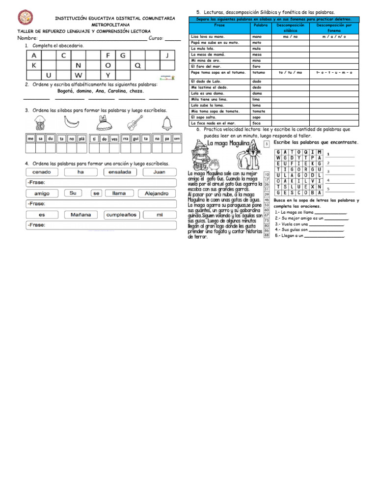 TALLER DE REFUERZO LENGUAJE Y COMPRENSIÓN LECTORA | PDF | Voz humana ...