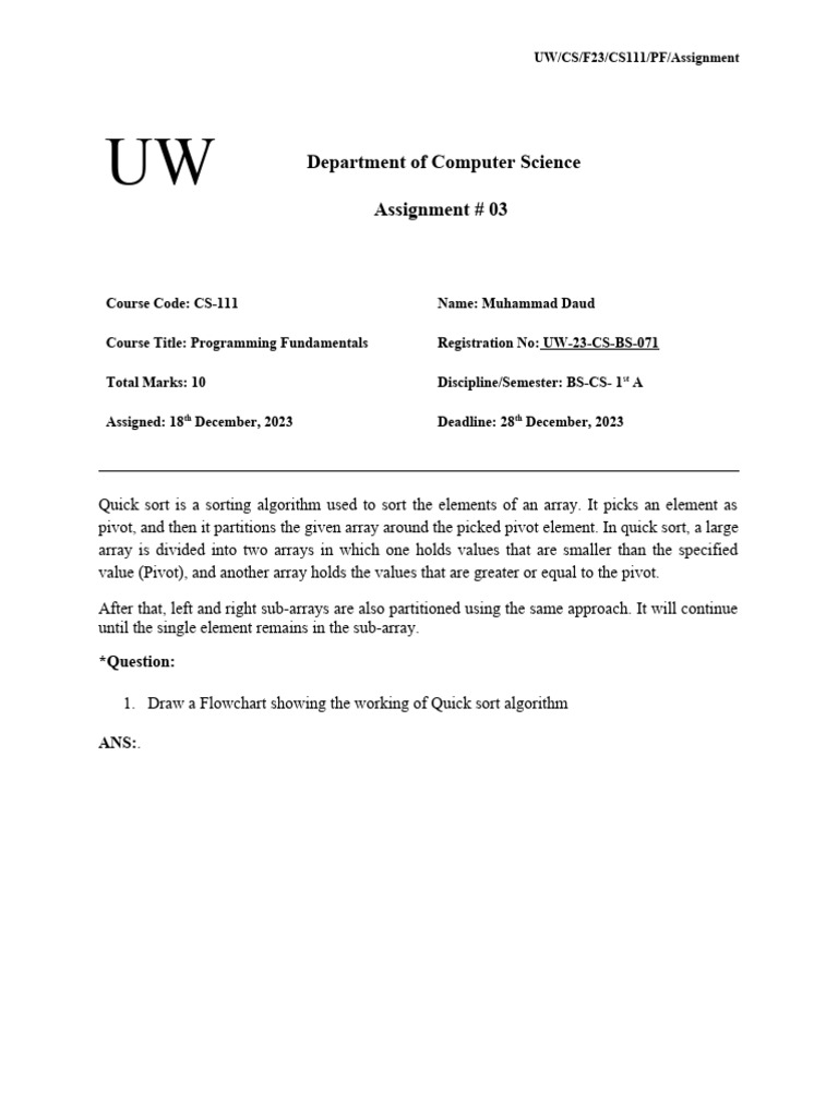 PF Assignment 3 (Uw-23-Cs-Bs-100) | PDF | Computer Programming | Mathematical Logic