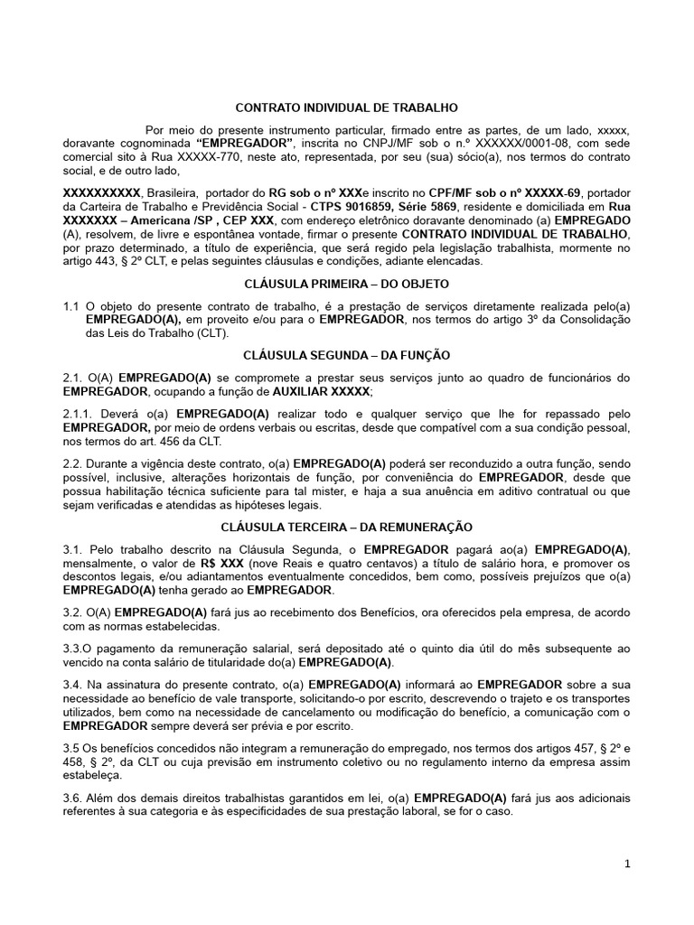 modelo CONTRATO INDIVIDUAL DE TRABALHO | PDF | Hora extra | Direito Privado