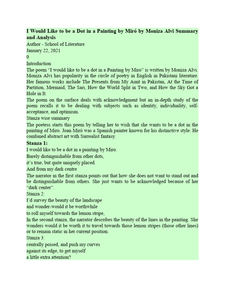 Alvi's "Dot in a Painting" Analysis | PDF | Poetry | Paintings