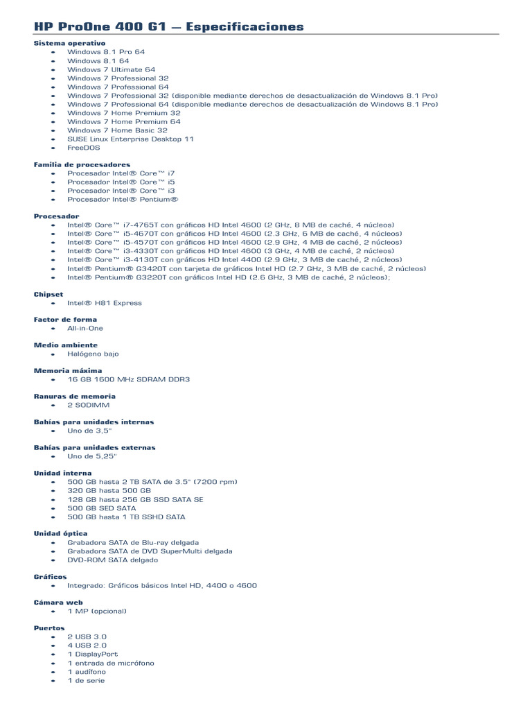 HP ProOne 400 G1 - Especificaciones | PDF | Microprocesador | Intel