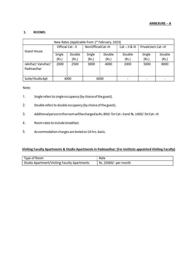 Guest House Tariff & Policy - 01 - 02 - 2023 | PDF