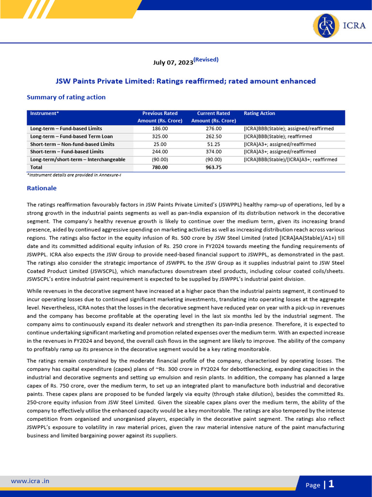 JSW Paints Credit Rating Update 2023 | PDF | Expense | Credit Rating Agency