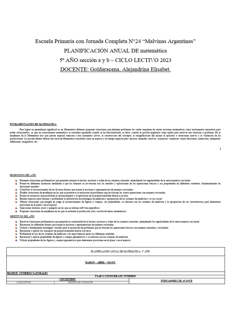Planificación Anual 5 De Matemática Pdf División Matemáticas 3466