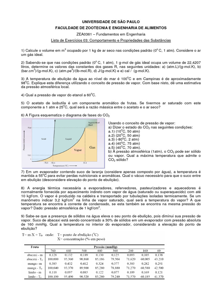 3a Lista - Propriedades PVT | PDF | Umidade | Pressão
