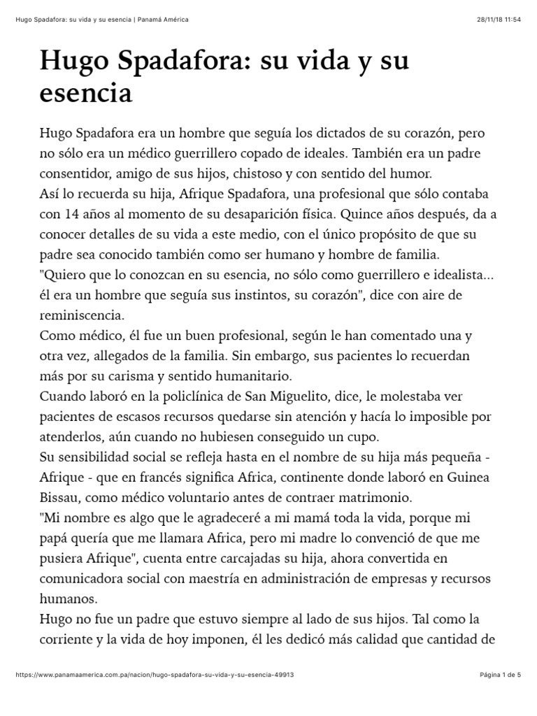 Hugo Spadafora: Su Vida y Su Esencia - Panamá América | PDF