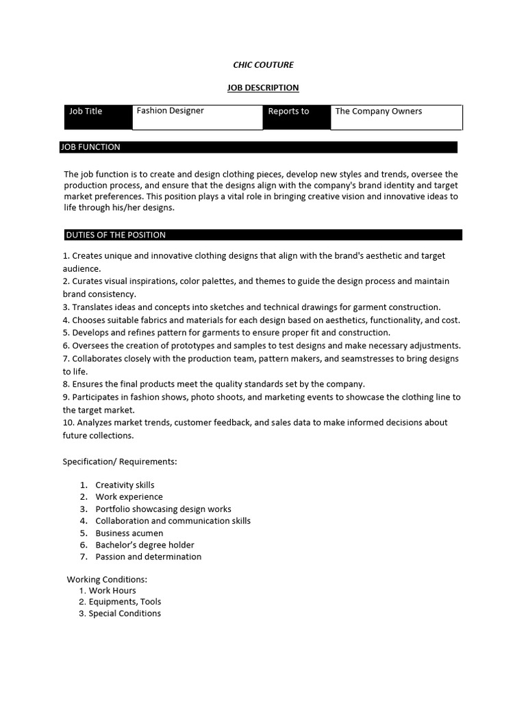 Fashion Designer Job Description | PDF