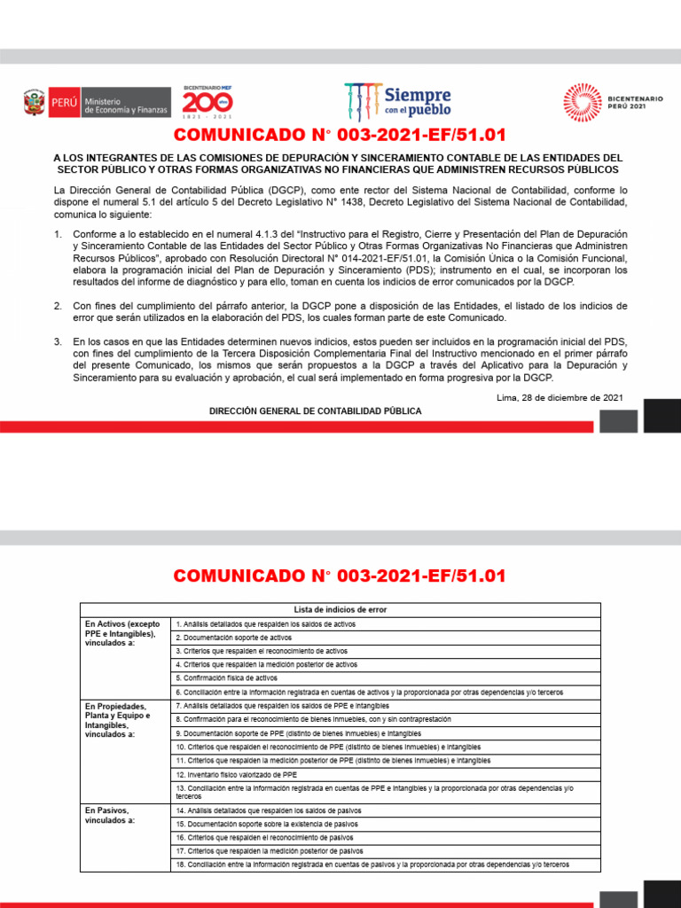 COMUNICADO #003-2021-EF-51-01 Indicios de Errores | PDF | Contabilidad