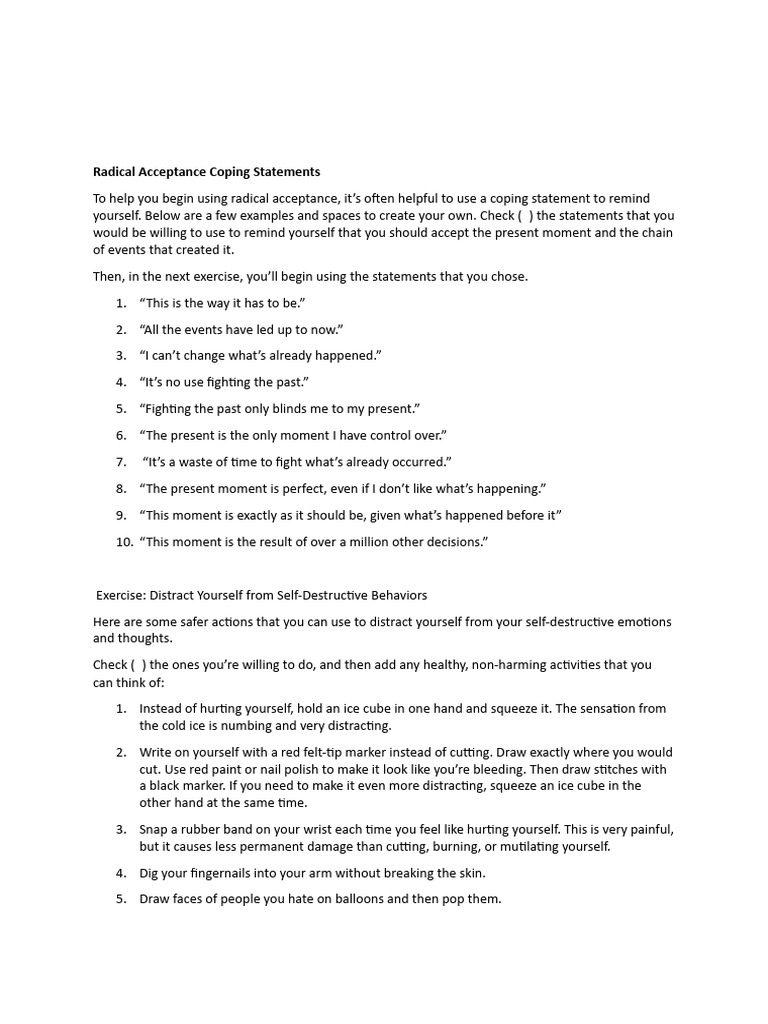 DBT Radical Acceptance Statements | PDF | Anxiety | Fear